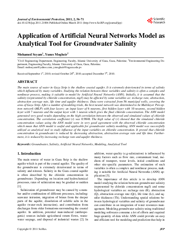 Pdf Application Of Artificial Neural Networks Model As Analytical Tool For Groundwater Salinity