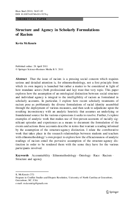 (PDF) Structure and agency in scholarly formulations of racism