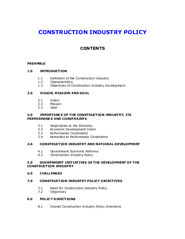 (PDF) CONSTRUCTION INDUSTRY POLICY CONTENTS PREAMBLE