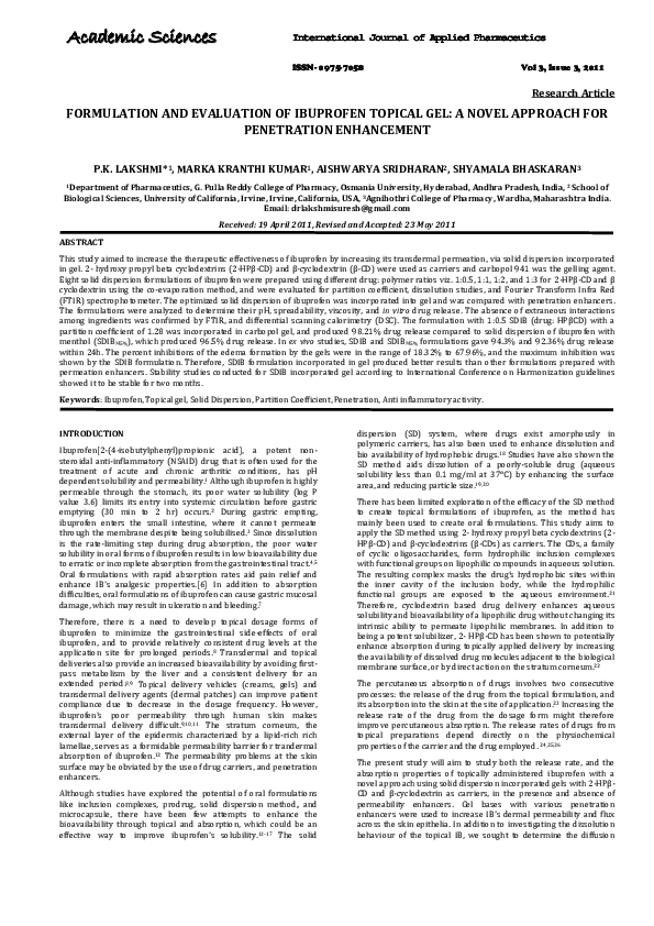 Pdf Research Article Formulation And Evaluation Of Ibuprofen Topical Gel A Novel Approach For