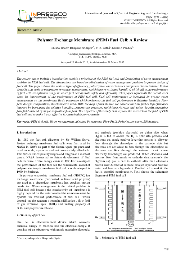 (PDF) Polymer Exchange Membrane (PEM) Fuel Cell: A Review