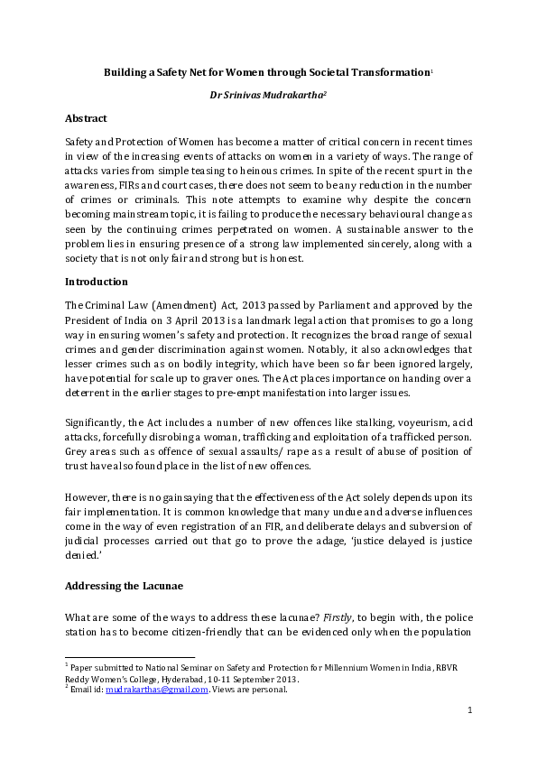 (PDF) Building a Safety Net for Women through Societal Transformation