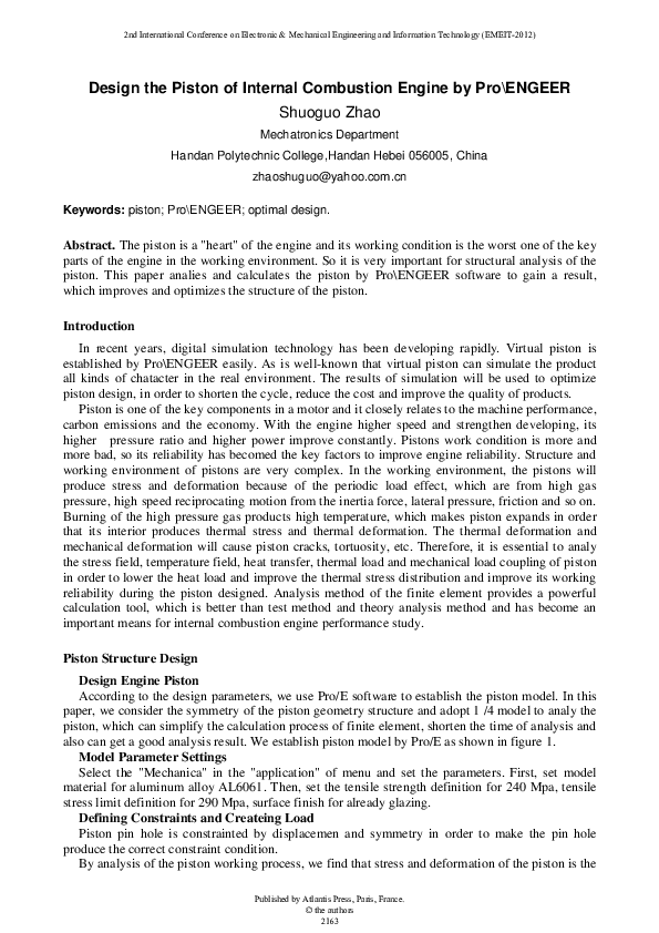 (PDF) Design the Piston of Internal Combustion Engine by Pro\ENGEER
