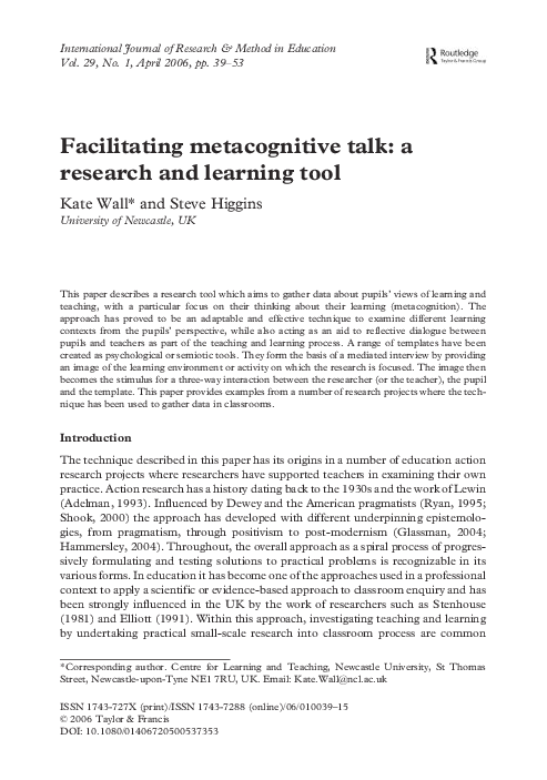 (PDF) Facilitating and supporting talk with pupils about metacognition: a research and learning tool