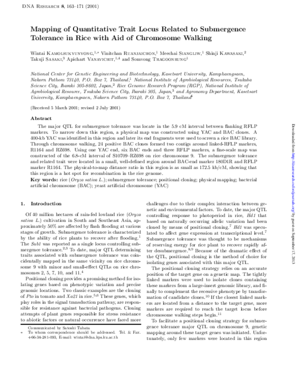 Pdf Mapping Of Quantitative Trait Locus Related To Submergence
