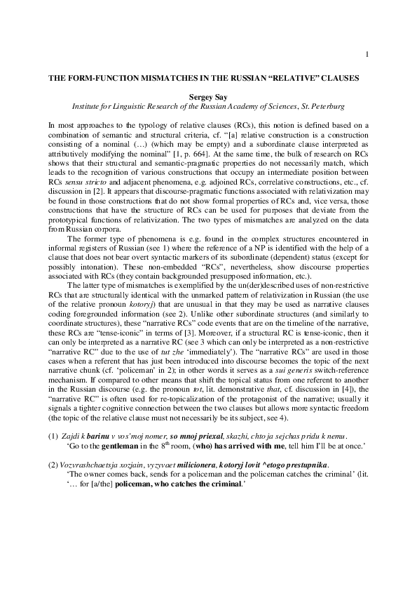 (PDF) The Form-Function Mismatches in the Russian "Relative" Clauses