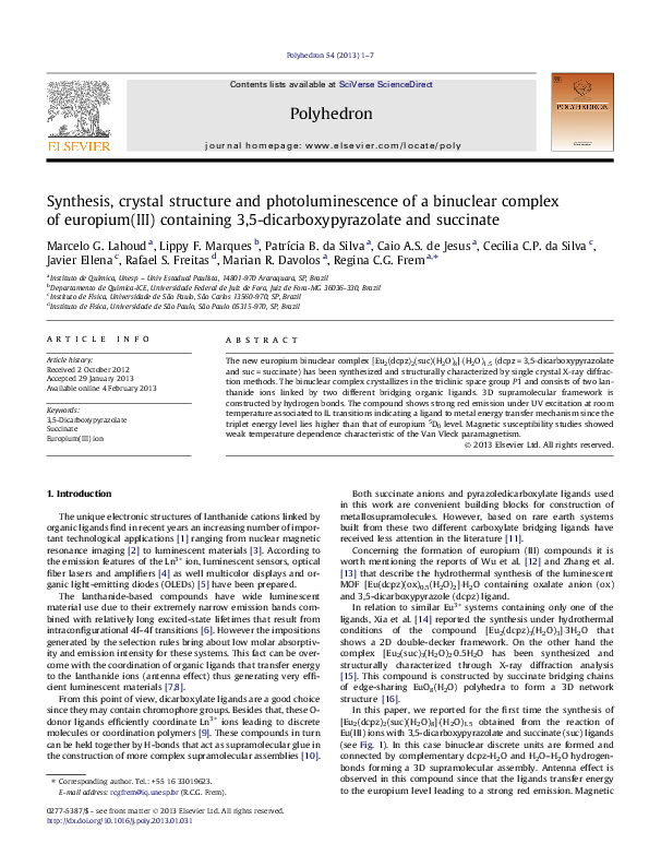 (PDF) Synthesis, crystal structure and photoluminescence of a binuclear complex of europium(III ...
