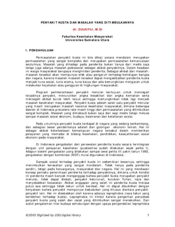 (PDF) 2003 Digitized by USU digital library 1 PENYAKIT KUSTA DAN MASALAH YANG DITIMBULKANNYA