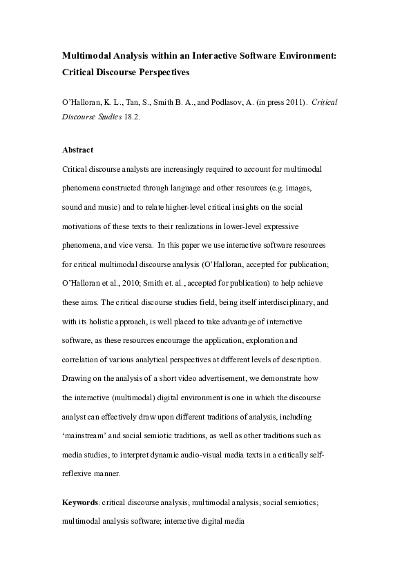 Pdf Multimodal Analysis Within An Interactive Software Environment Critical Discourse