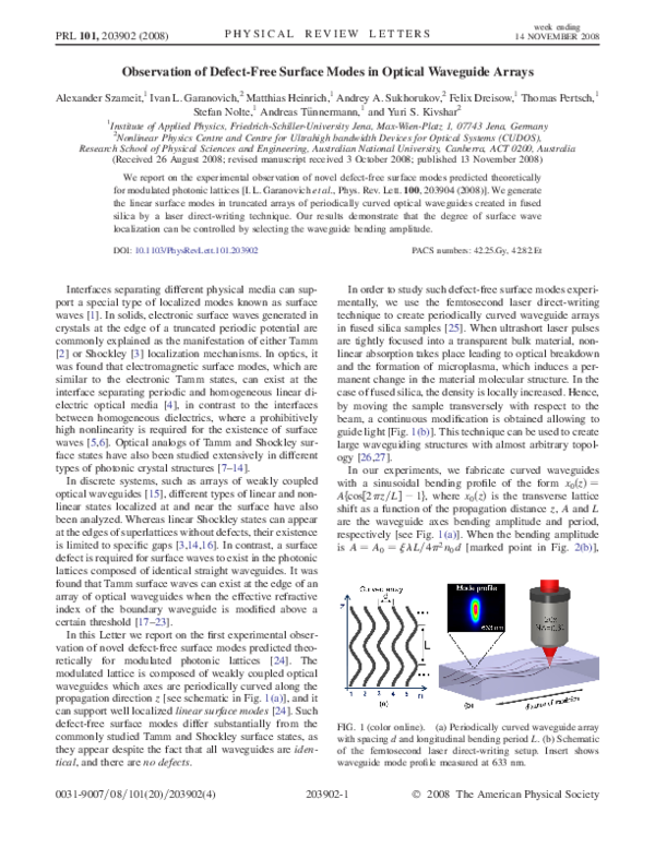 Pdf Observation Of Defect Free Surface Modes In Optical Waveguide Arrays