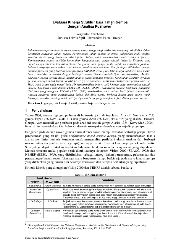 (PDF) Evaluasi Kinerja Struktur Baja Tahan Gempa dengan Analisa Pushover