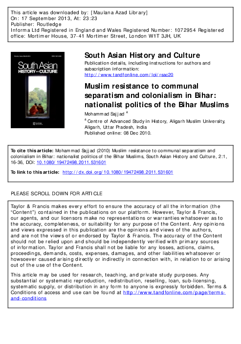 (PDF) "On Muslims in Politics of colonial Bihar", South Asian History ...