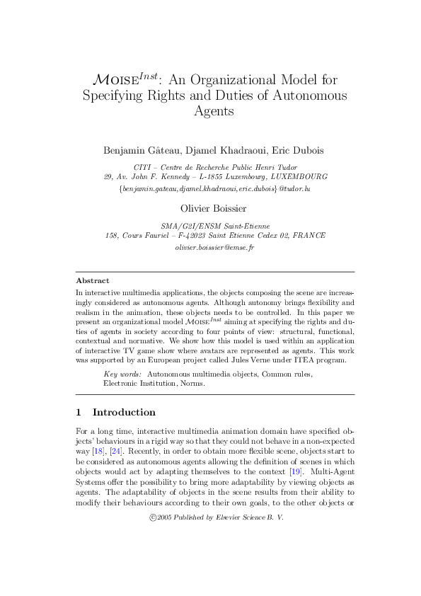 (PDF) MoiseInst: An Organizational Model for Specifying Rights and Duties of Autonomous Agents