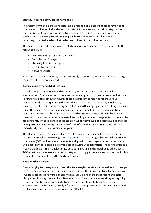 (DOC) Strategy in Technology Oriented Companies