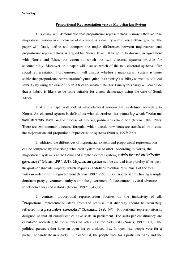(DOC) Proportional representation vs the majoritarian system