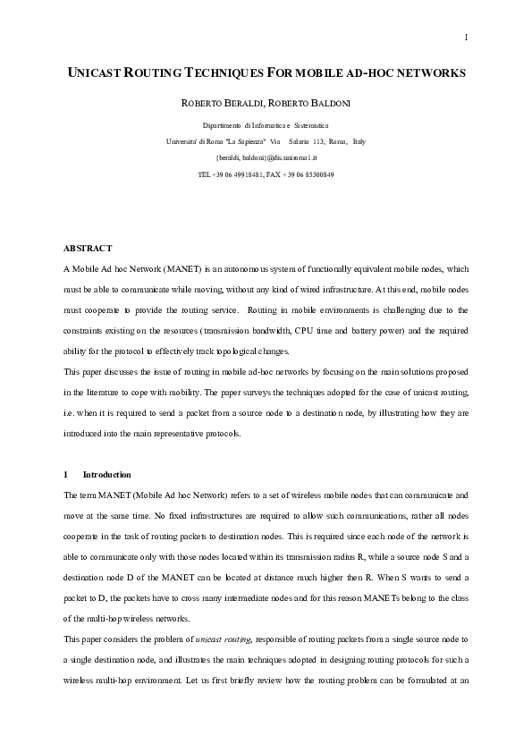 Pdf Unicast Routing Techniques For Mobile Ad Hoc Networks