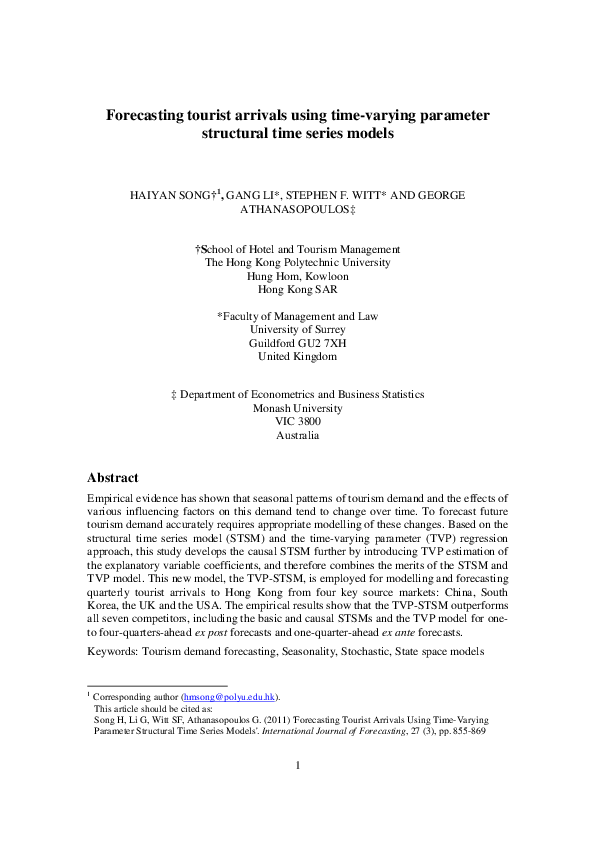 Pdf Forecasting Tourist Arrivals Using Time Varying Parameter