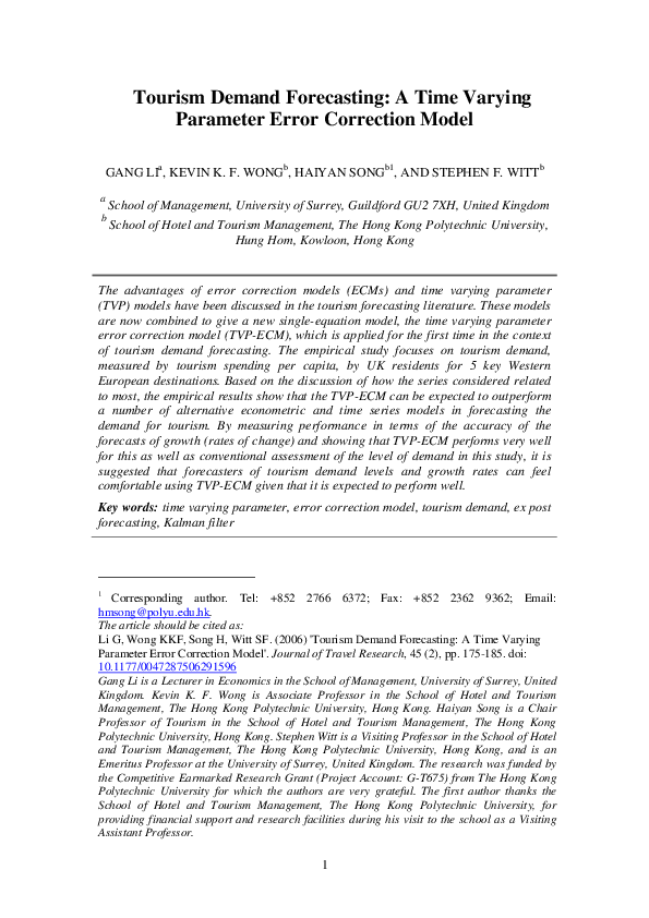 Pdf Tourism Demand Forecasting A Time Varying Parameter Error