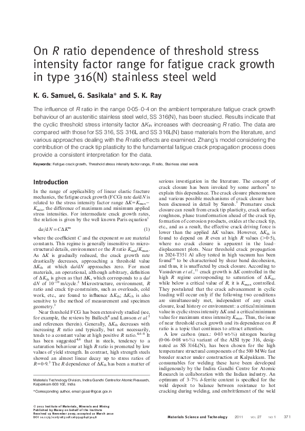 (PDF) On the R-ratio dependence of threshold stress intensity factor ...