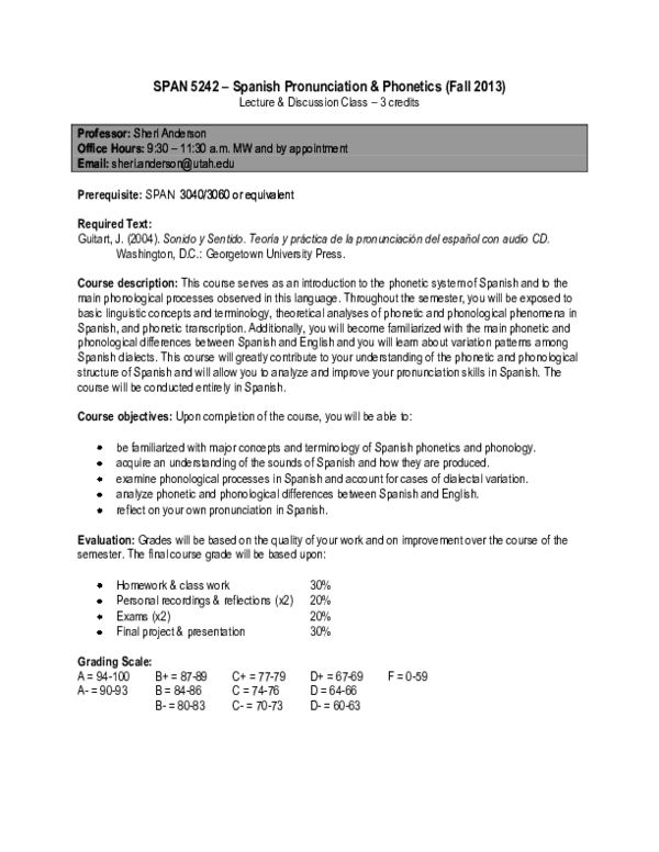 Spanish Phonetics Syllabus