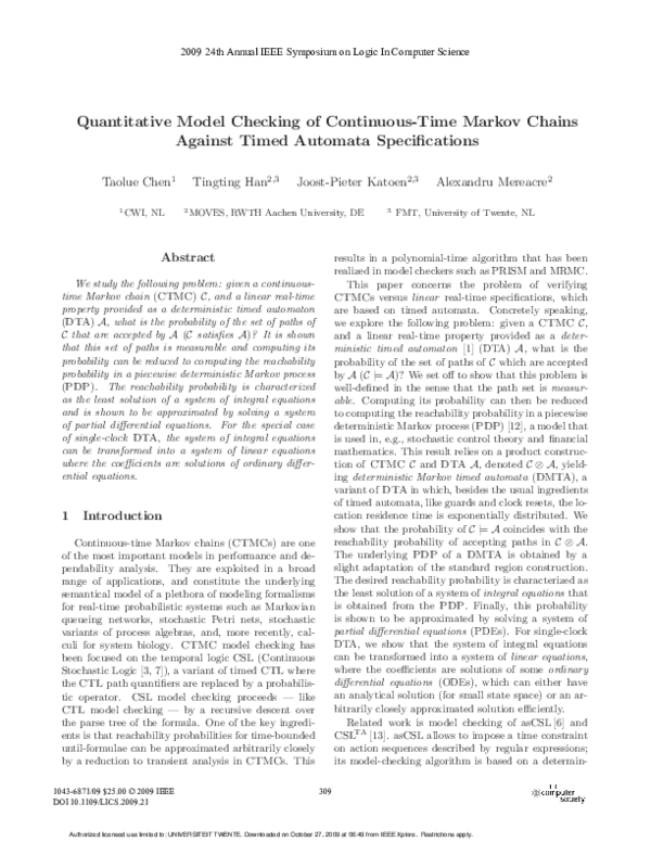 (PDF) Quantitative Model Checking of Continuous-Time Markov Chains Against Timed Automata ...