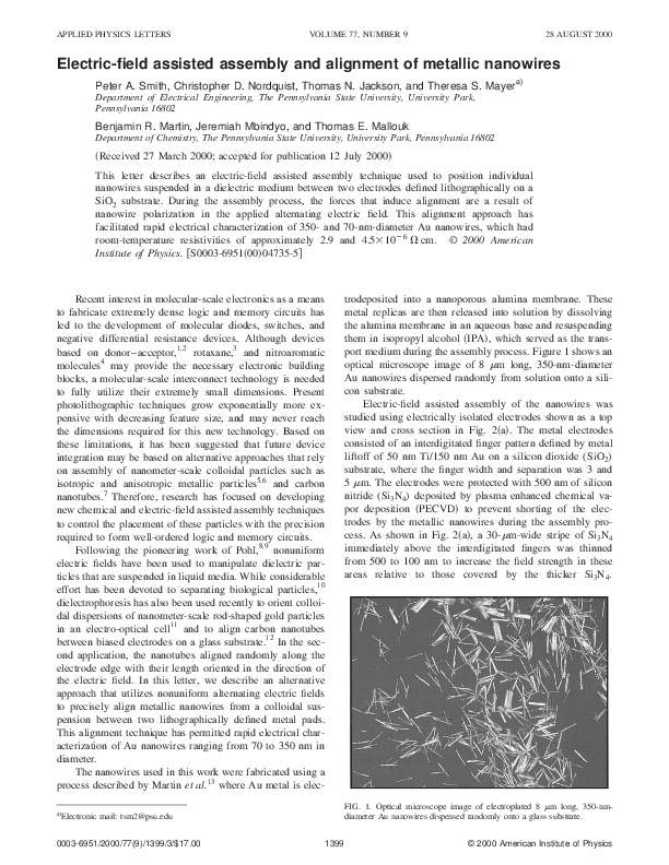 (PDF) Electric-field assisted assembly and alignment of metallic nanowires