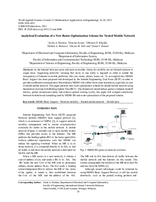 Pdf Analytical Evaluation Of A New Route Optimization Scheme For Nested Mobile Network