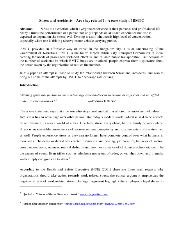 (PDF) Stress and Accidents – Are they related? : A case study of BMTC