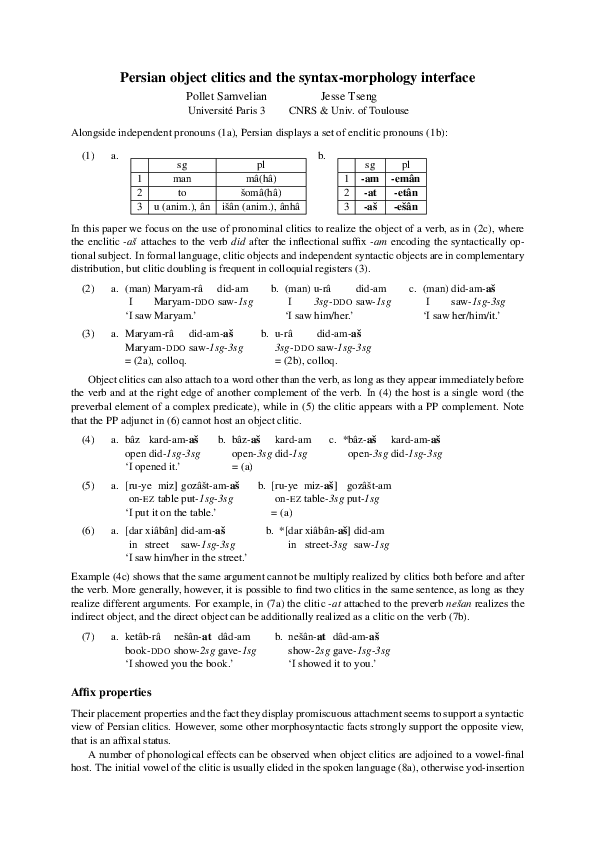 Pdf Persian Object Clitics And The Syntax Morphology Interface