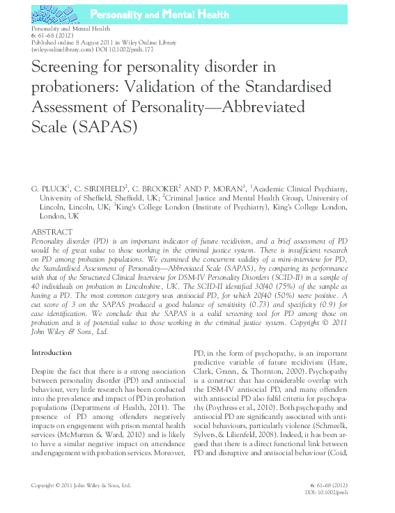(PDF) Screening for personality disorder in probationers: validation of ...