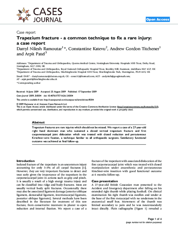 (PDF) Trapezium fracture - a common technique to fix a rare injury: a ...