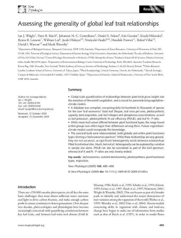 Pdf Assessing The Generality Of Global Leaf Trait Relationships