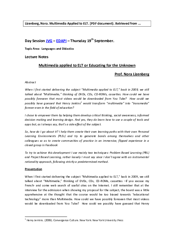 (PDF) Multimedia Applied to ELT - Lecture Notes