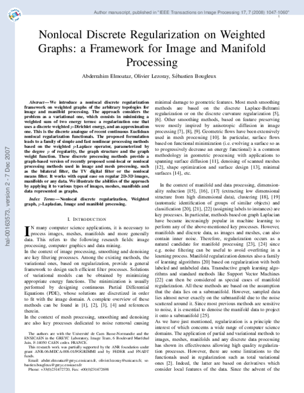 Pdf Nonlocal Discrete Regularization On Weighted Graphs A Framework For Image And Manifold
