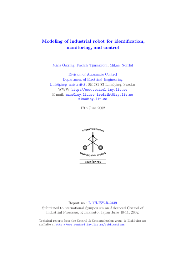 Pdf Modeling Of Industrial Robot For Identiﬁcation Monitoring And Controlmodeling Of