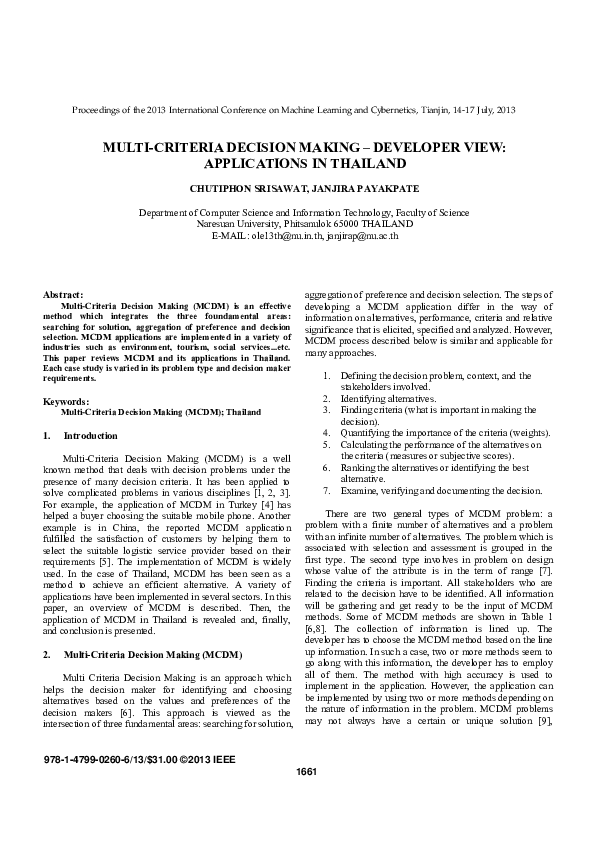 (PDF) MULTI-CRITERIA DECISION MAKING – DEVELOPER VIEW: APPLICATIONS IN THAILAND