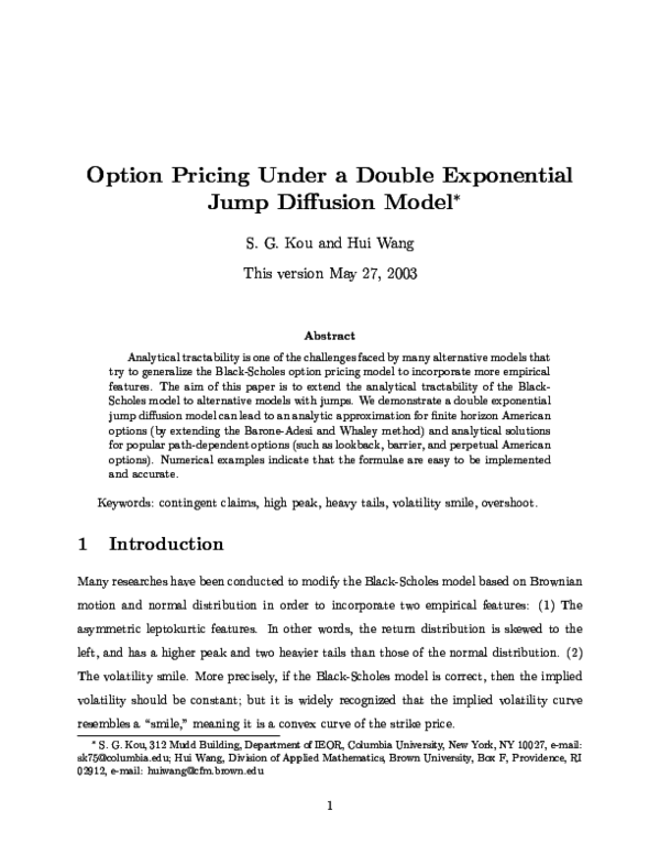 (PDF) Option Pricing Under a Double Exponential Jump Diffusion Model