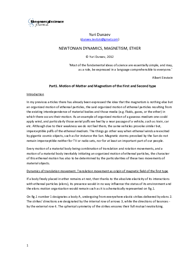 (PDF) NEWTONIAN DYNAMICS, MAGNETISM, ETHER (part 1)