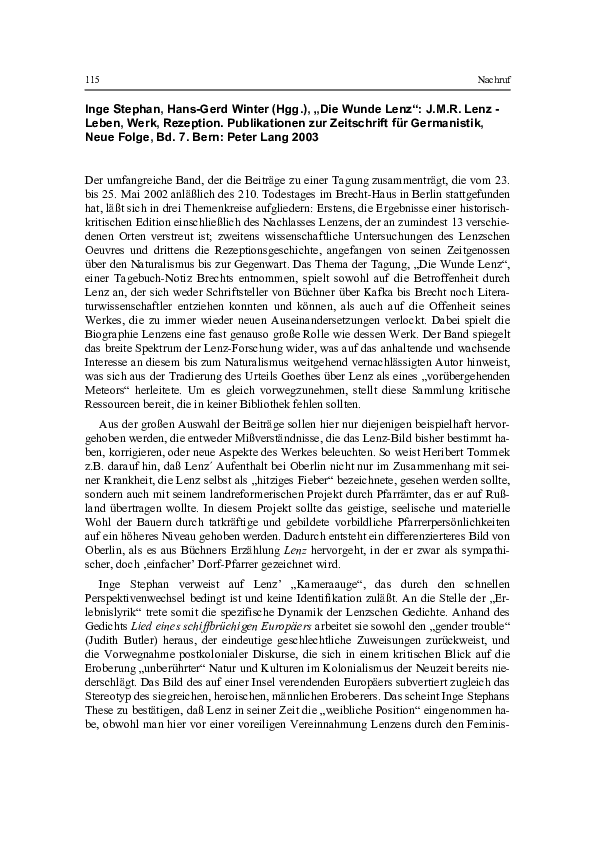 (PDF) Inge Stephan, Hans-Gerd Winter (Hgg.), „Die Wunde Lenz“