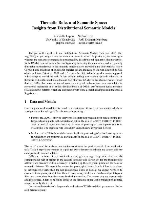 Pdf Thematic Roles And Semantic Space Insights From Distributional Semantic Models