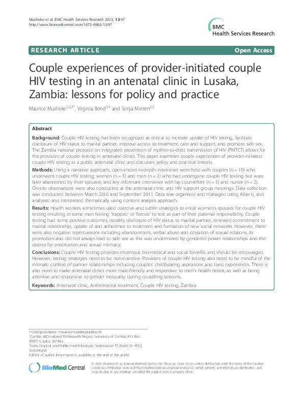 (PDF) Couple experiences of provider-initiated couple HIV testing in an ...