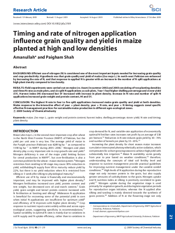 Pdf Timing And Rate Of Nitrogen Application Influence Grain Quality And Yield Inmaize Planted