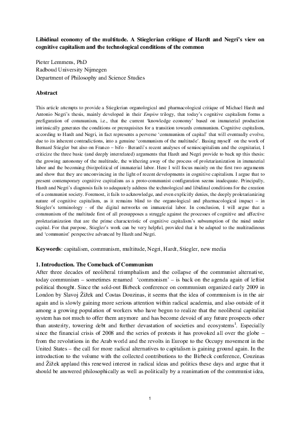 (PDF) Libidinal economy of the multitude. A Stieglerian critique of ...