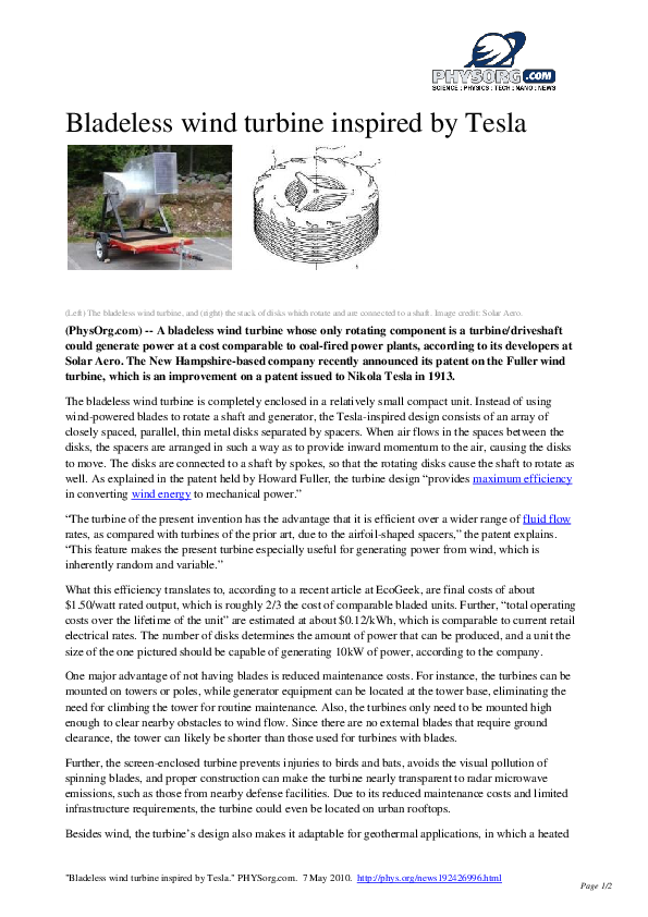 (PDF) Bladeless wind turbine inspired by Tesla