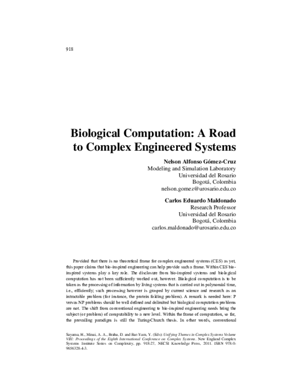 (PDF) Biological Computation A Road to Complex Engineered Systems