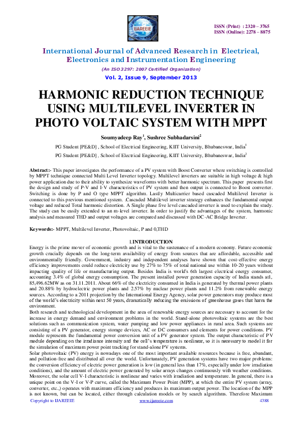 (PDF) HARMONIC REDUCTION TECHNIQUE USING MULTILEVEL INVERTER IN PHOTO VOLTAIC SYSTEM WITH MPPT