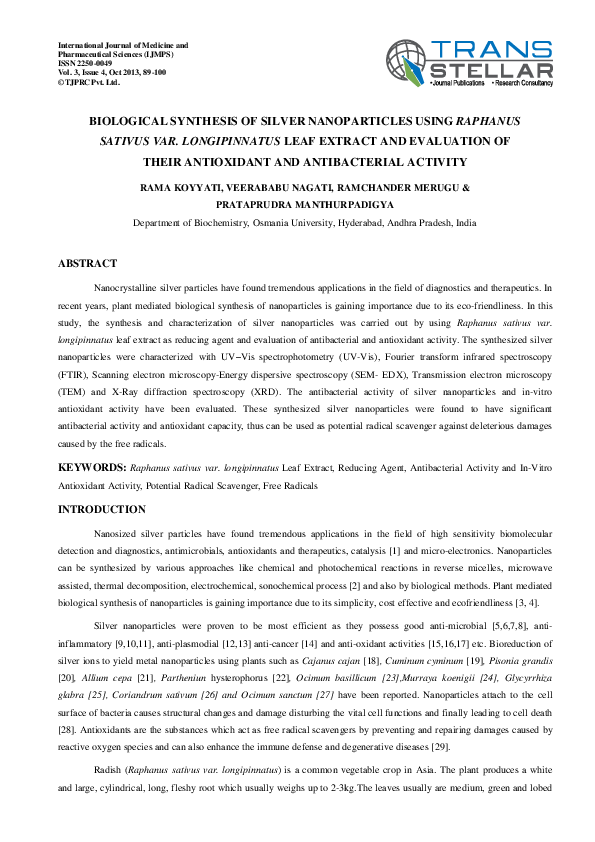 (PDF) Biological Synthesis of Silver Nanoparticles Using Raphanus sativus Var. longipinnatus ...