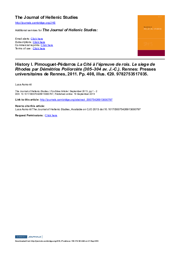 (PDF) Review of Pimouguet-Pédarros La Cité à l'épreuve de rois. Le ...
