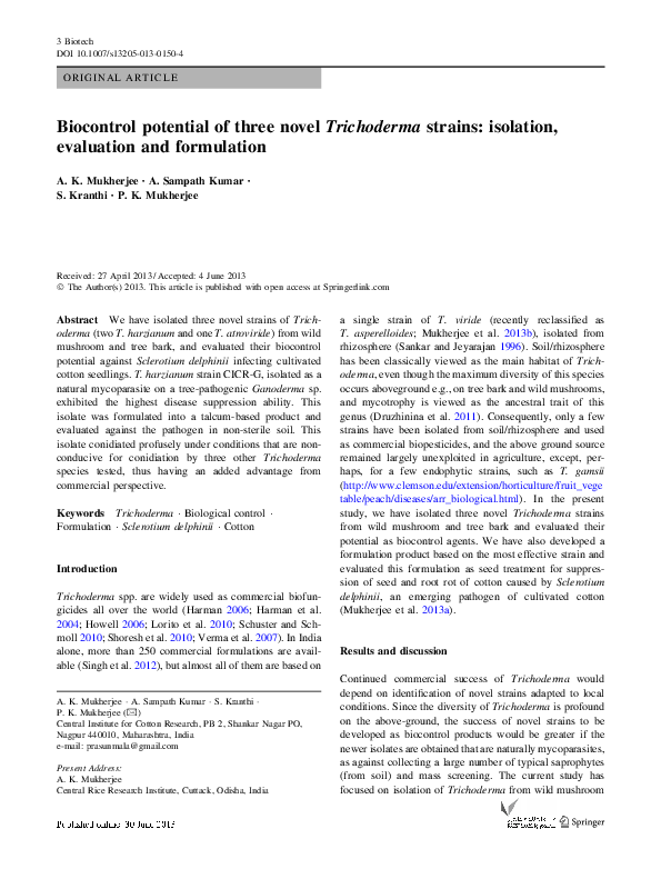 Pdf Original Article Biocontrol Potential Of Three Novel Trichoderma Strains Isolation