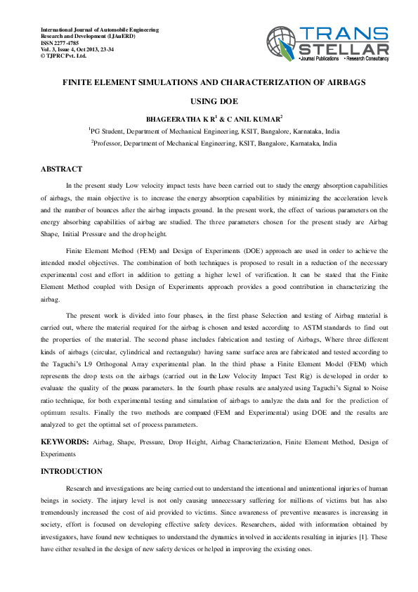 Pdf Finite Element Simulations And Characterization Of Airbags Using Doe